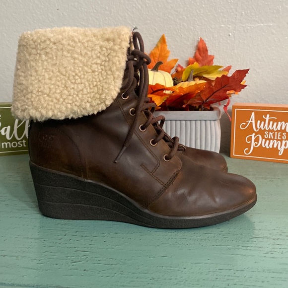 UGG | Shoes | Ugg Zea Waterproof Leather Wedge Shearling Boots 9 | Poshmark